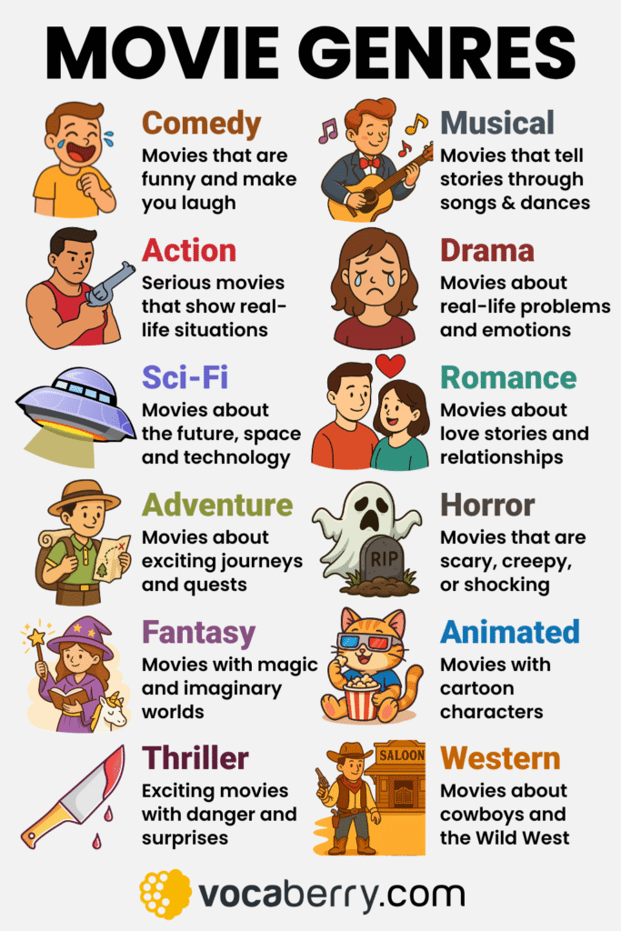 Movie Genres in English – Types, Definitions & Examples